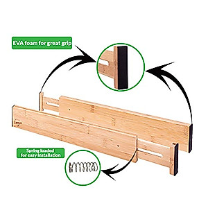 Bamboo Drawer Dividers Organizers 6-pack (12"-17") Adjustable Spring Loaded Drawer Divider Expandable Drawer Organizer Utensil Separators for Kitchen, Bedroom, Dresser, Office, Baby Drawers, Closet