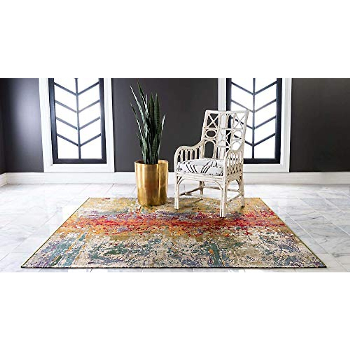 Unique Loom Modern Collection Rustic, Abstract, Distressed, Bright Colors, Indoor and Outdoor Area Rug, 6 ft 0 in x 6 ft 0 in, Multi/Green
