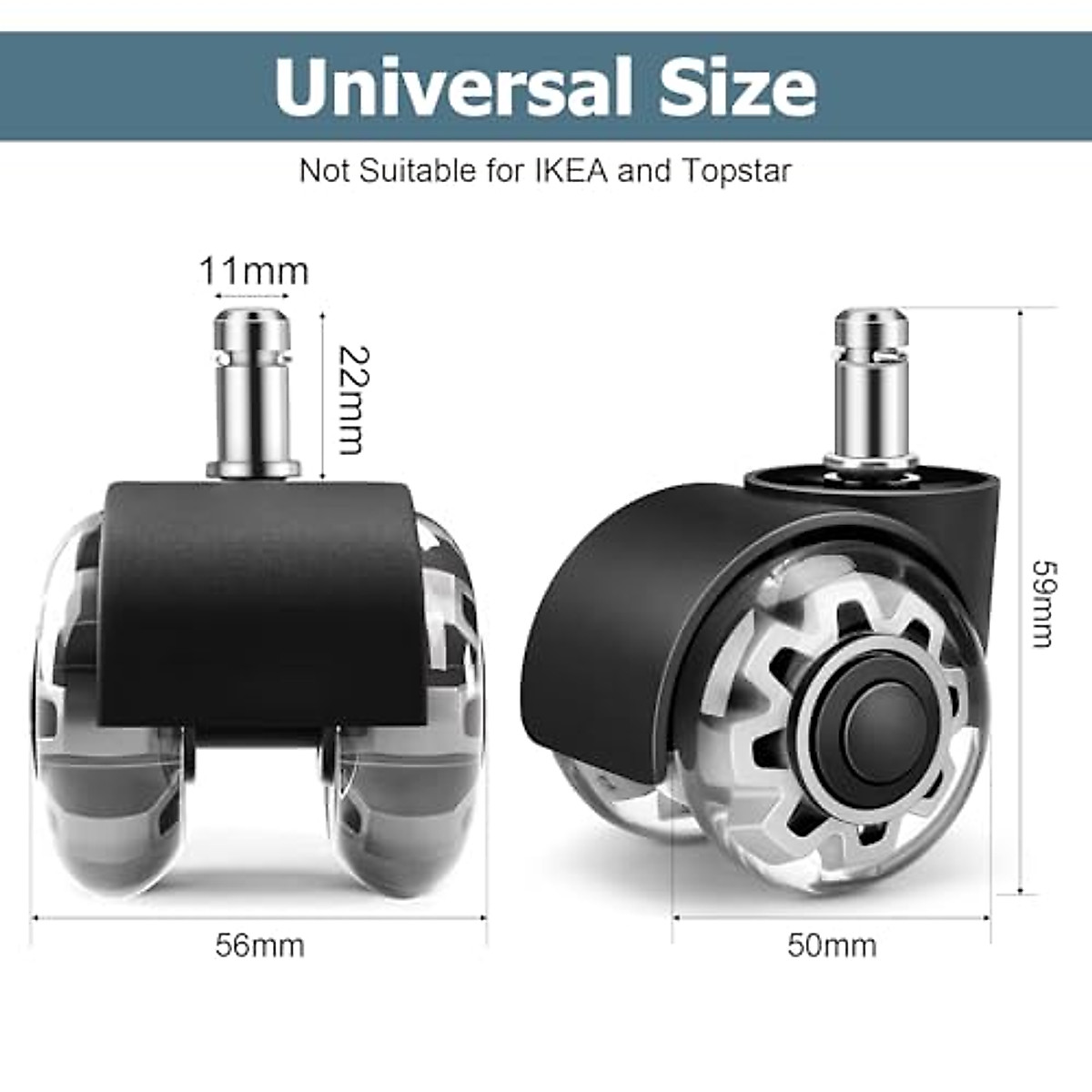 Office Chair Wheels,5 Pack (11x22 mm) Universal Caster Wheels Replacement for All Hardwood and Carpet Floors, Heavy Duty Roller Style Computer Desk Chair Casters