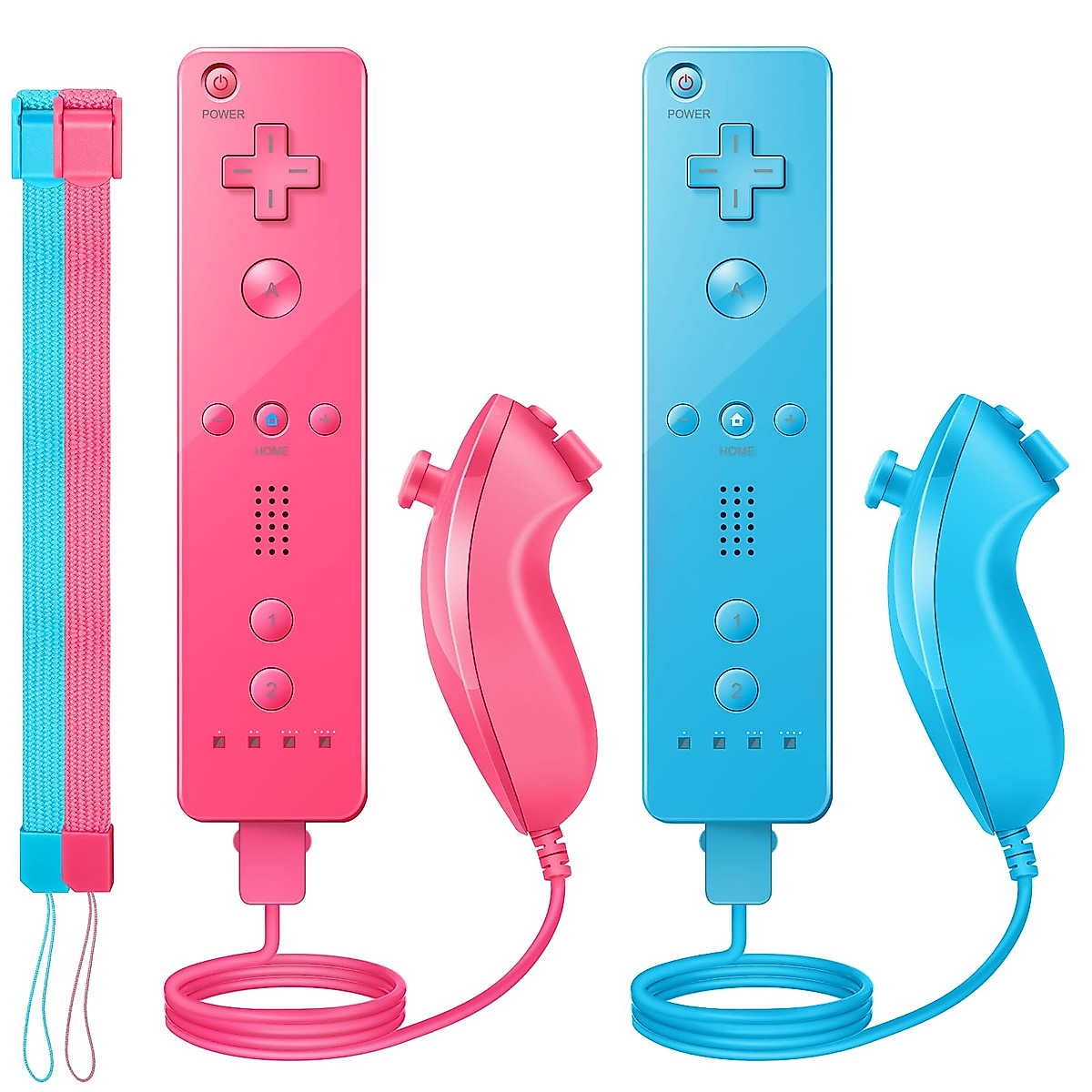 PGYFDAL Wii Controller 2 Pack, Wii Remote Controller and Nunchuck Joystick with Silicone Case and Wrist Strap for Holiday (Pink and Blue)