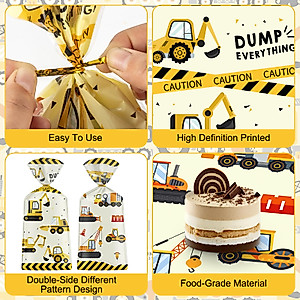 50 Pack Construction Party Favor Bags - Construction Theme Treat Bags, Truck Themed Cello Cellophane Gift Candy Goodie Bags with Gold Twist Ties for Kids Construction Birthday Party Supplies Favors