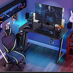JOY worker RGB Gaming Desk 47 Inch with Led Lights, Music Sync Computer Gamer Desk, Carbon Fiber Surface PC Gaming Desk with Monitor Stand, Ergonomic Z Shaped Gaming Table with Plug Board Holder,Black
