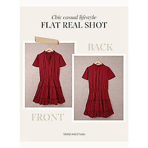 Dokotoo Womens Juniors Cute Spring Casual Summer Sexy Deep V Neck Ruffle Chiffon Lantern Short Sleeve Elegant Empire Waist Flowy Pleated Mini Short Skirt Dresses for Women Party 2025 Wine Small