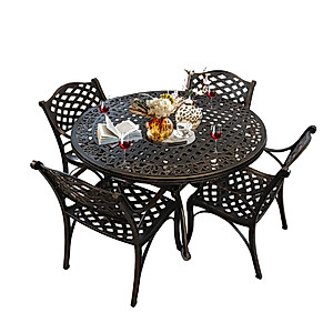 PATIO-IN 48.23" Patio Dining Table, All-Weather Cast Aluminum Table with 2.36" Umbrella Hole, Patio Furniture Table, Outdoor Dining Table for Backyard and Poolside