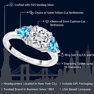 Gem Stone King 925 Sterling Silver Customized and Personalized 3 Stone Cushion and Trillion Cut Gemstone Birthstone 3 Stone Ring For Women (Size 6)