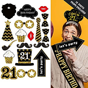 21st Birthday Decorations for him - (76pack) Black Gold Party Banner, Pennant, Hanging Swirl, Birthday Balloons, Tablecloths, Cupcake Topper, Crown, Plates, Photo Props, Birthday Sash for Men Gifts