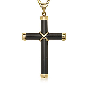 JewelryWeb 14k Yellow Gold 16-inch Black Onyx Cross Pendant Necklace (20mm x 35mm) (Black)