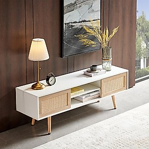 YOUGUO Rattan TV Stand for 65 Inch TV, Boho Entertainment Center with Natural Rattan Sliding Doors & Adjustable Shelf, Wood TV Media Console for Living Room, White