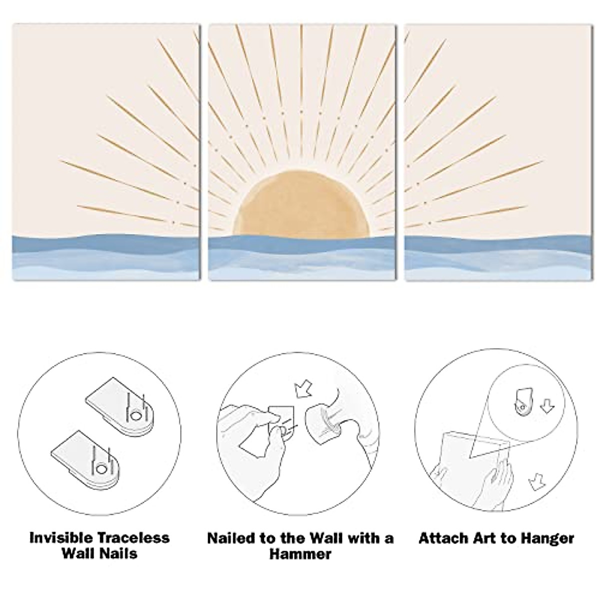 Boho Wall Art Set of 3, Neutral Geometric Sun Rising on the Sea Minimalist Art Framed Canvas Prints Artwork, Mid Century Modern Boho Sun Wall Art Decor for Bathroom, Bedroom, Living Room, Office