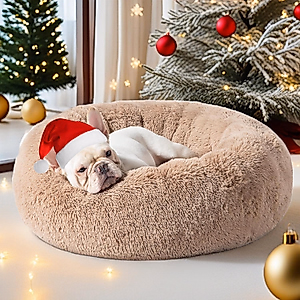 Bedsure Calming Dog Bed for Medium Dogs - Donut Washable Medium Pet Bed, 30 inches Anti-Slip Round Fluffy Plush Faux Fur Cat Bed, Fits up to 45 lbs Pets, Camel