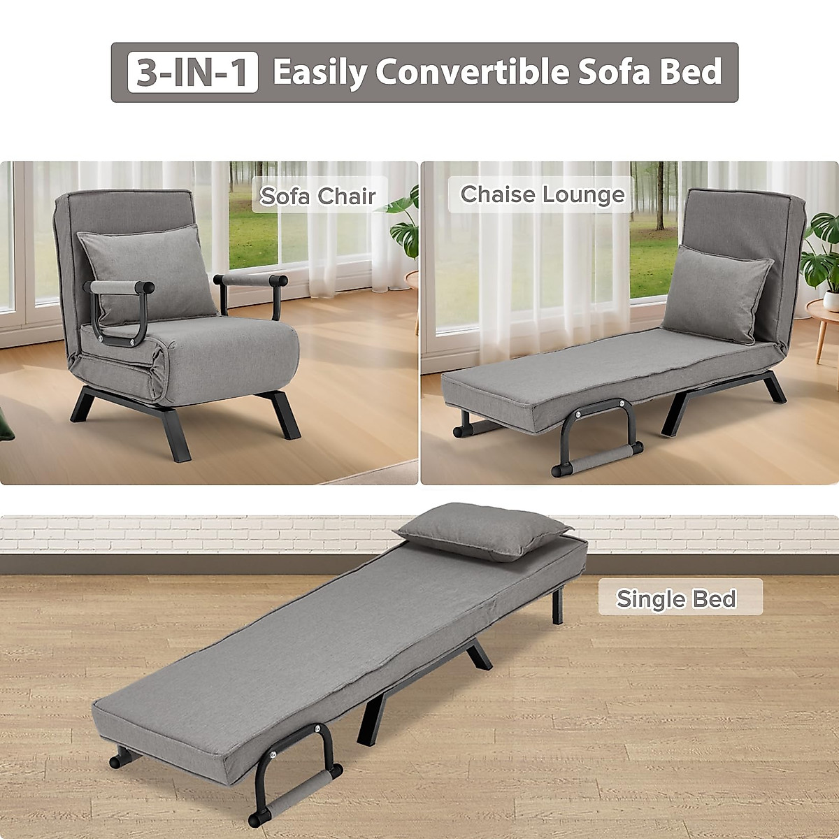 Haddockway Single Person Sofa Bed Sleeper Chair Convertible Chaise Lounge Couch,Folding Sofa Arm Chair with Pillow&5 Adjustable Backrest,Upholstered Lazy Bed Leisure Recliner for Home Office