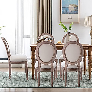KCC French Dining Chairs Set of 2, Upholstered Vintage Farmhouse Chair with Round Backrest, Mid Century Fabric Chair with Solid rubberwood Leg for Dining Room Bedroom Kitchen Restaurant, Beige