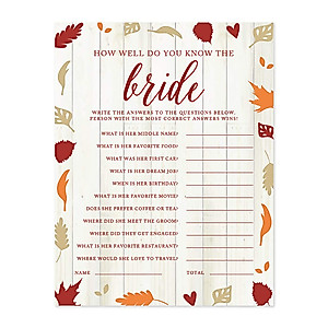 Andaz Press Fallin' in Love Autumn Fall Leaves Wedding Party Collection, How Well Do You Know the Bride? Bridal Shower Game Cards, 20-Pack