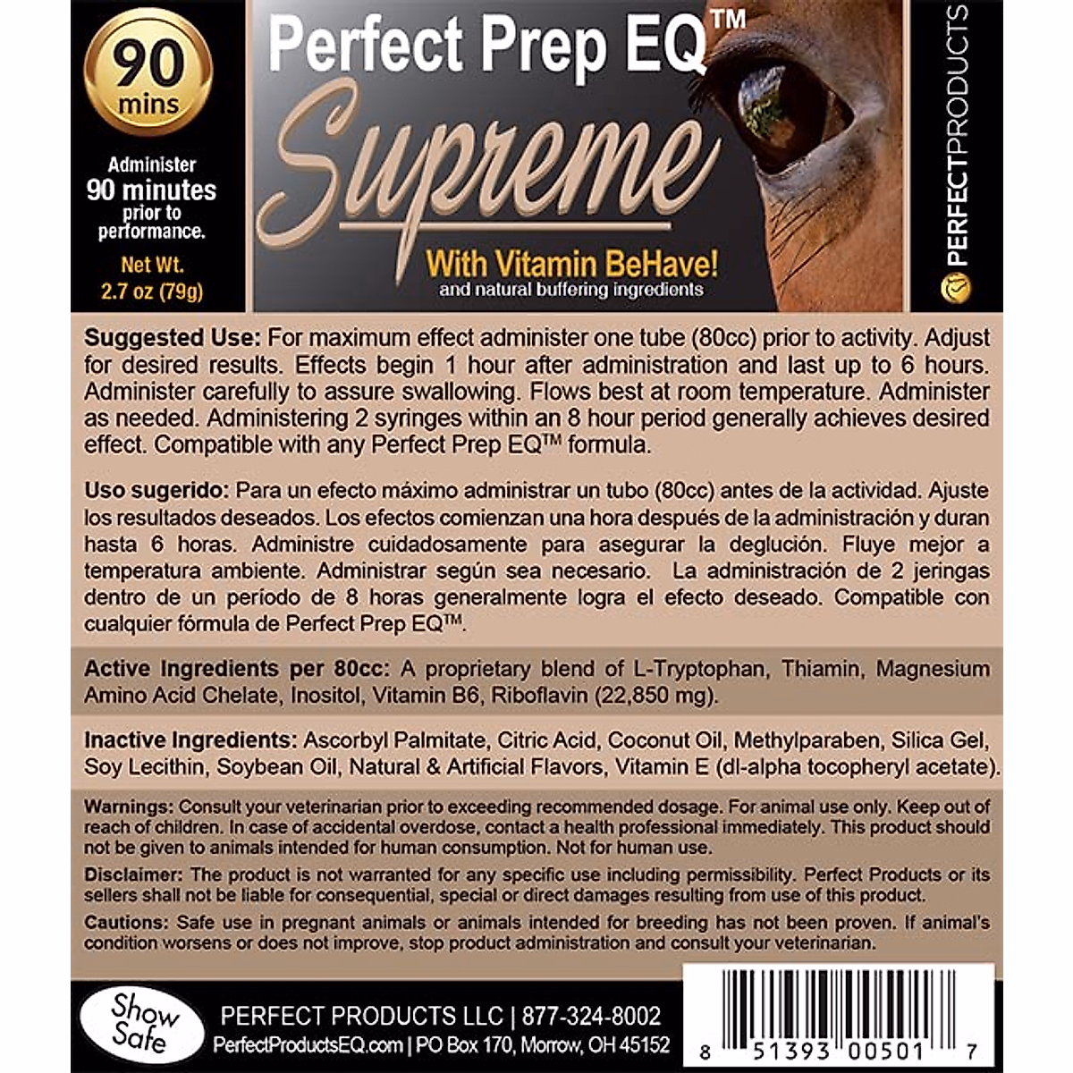 Perfect Prep EQ Supreme Horse Calming Paste, Show Safe, Works Within 90 Mins and Lasts 6+ Hours, 80cc