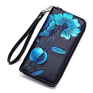 TIANHONGDAISHU Women RFID Blocking Genuine Leather Wallet Hand Painted Flowers Ladies Wristlet Wrist Strap Long Purse Large Capacity Multi-Slots Card Case Zipper Coin Pocket, Blue Bauhinia, M, Modern