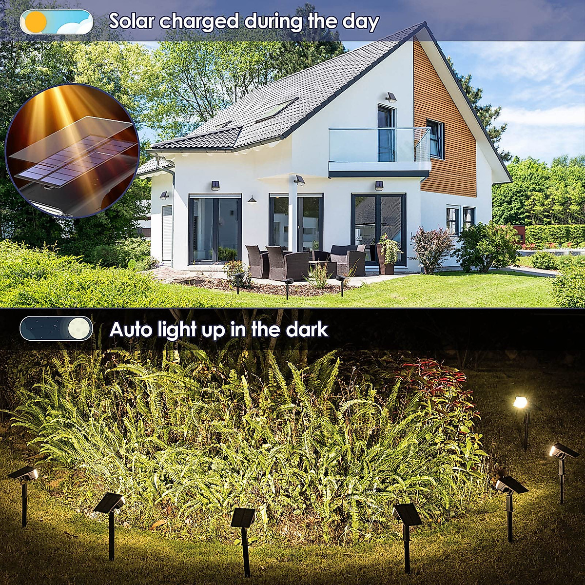 LOONHIM Solar Spot Lights Outdoor Garden IP65 Waterproof, 45 LEDs USB & Solar Powered Landscape Spotlight, 3 Modes Warm White Auto ON/Off House Lights, Bright Lighting for Yard, Tree, Flagpole, 4 Pack