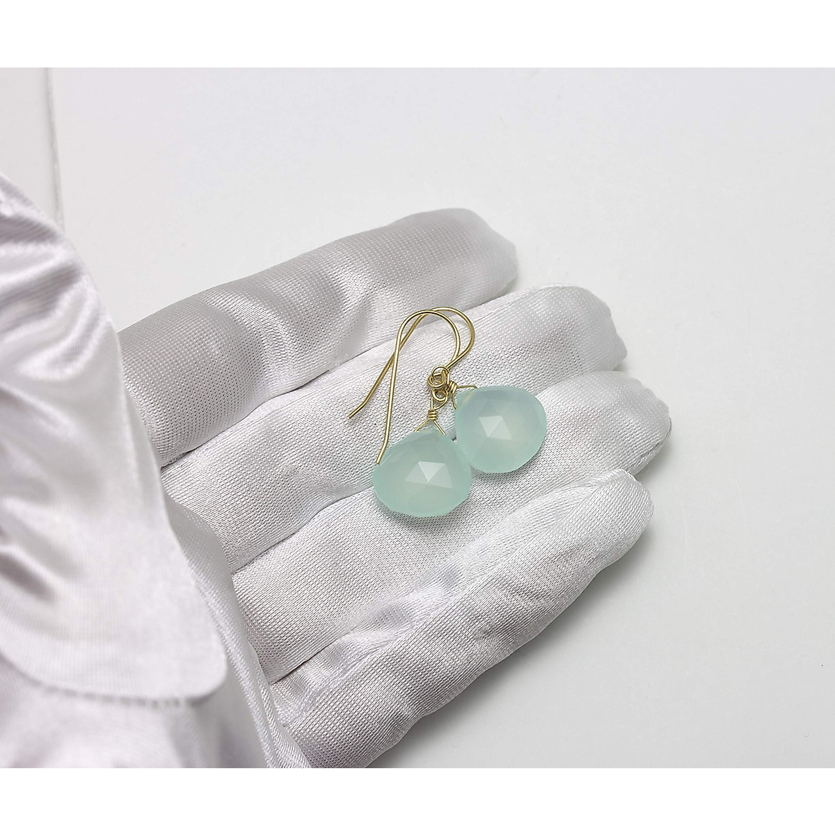 14K Yellow Gold Chalcedony Earrings Soft Aqua Blue Faceted Heart Teardrops Simple Dangles
