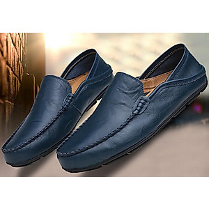 Go Tour Men's Premium Genuine Leather Casual Slip On Loafers Breathable Driving Shoes Fashion Slipper Blue 10.5/46