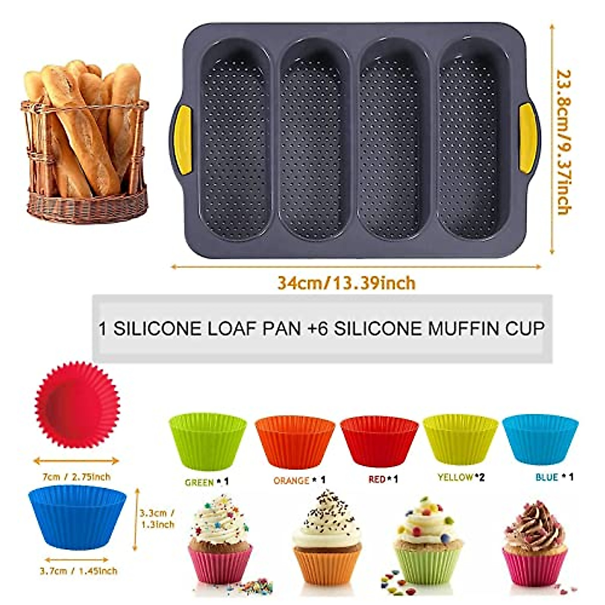 MUJUZE Silicone Loaf Pan Baking Pan for Baking French Baguettes/Hot Dog Buns, bread mold for baking with 6 Muffin Cups,Nonstick &Easy Clean&Heat Resistant Silicone Loaf Pan with Four-hole Baguette
