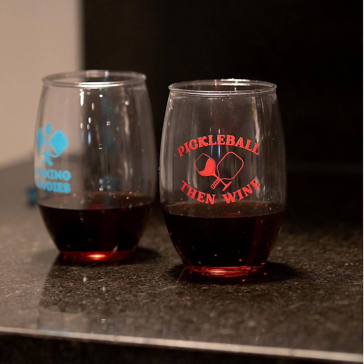 Needzo Dinking Buddies and Pickleball Then Wine Unbreakable Plastic Stemless Glasses, Reusable Shatterproof Cups, 16 Ounces Each (Pack 2)