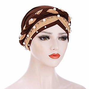 FRAKYEN Turbans Non Slip Hijab Undercap Underscarf Sleeping Hat Women Muslim Milk Silk Two- Nail Beads Braid Turban Hat Coffee