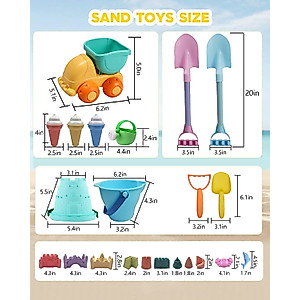 IOKUKI Long Shovels Sand Toys Set with Mesh Bag Including Dump Truck, Beach Buckets, Shovels, Rakes, Molds, Outdoor Beach Toys Tool Kit for Kids, Toddlers, Boys and Girls (15 PCS) Age 3+