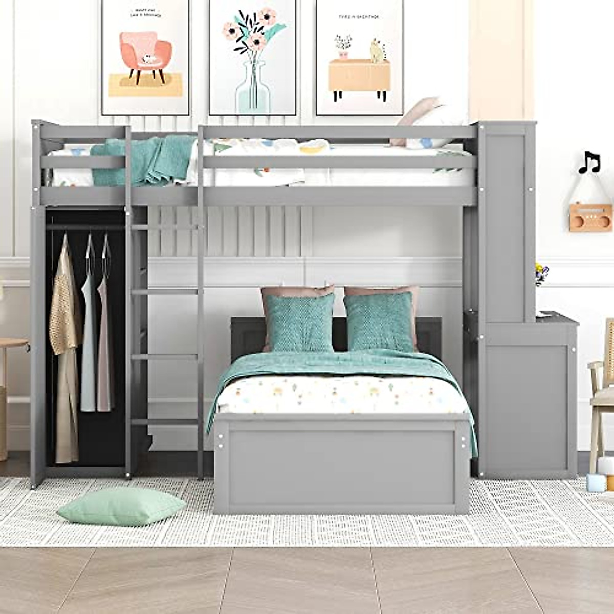 Twin Size Loft Bed with Desk and Wardrobe, Wood Loft Bed Frame with Storage Shelves and A Stand-alone Bed, Twin Over Twin Bunk Bed Frame for Kids Teens Adults (Bottom Bed Can Be Moved, Gray)