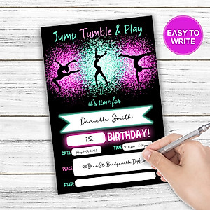 Jump Tumble & Play Birthday Invitations, Neon Pink Foil Gymnastic Birthday Party Invites Decorations, Birthday Party And Events Supplies, 20 Fill-In Invites Cards With Matching Envelopes（YQK-B03）