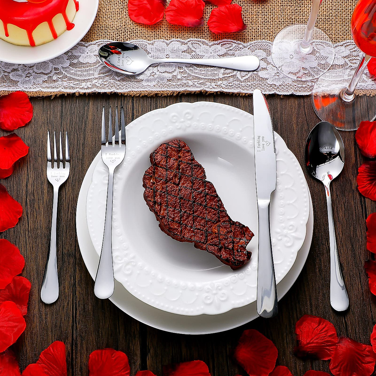 5 Pcs Stainless Steel Cutlery Set I Forking Love You Silverware Set Includes Spoons Forks Knives Gifts for Bride Wedding, Anniversary Kitchen Cutlery for Home Office Restaurant Hotel