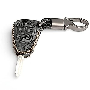 WFMJ Leather for 2006 2007 Jeep Grand Cherokee Dodge Chrysler Magnum Durango Charger 300 Remote 4 Buttons Key Case Holder Cover Fob Chain (Black)