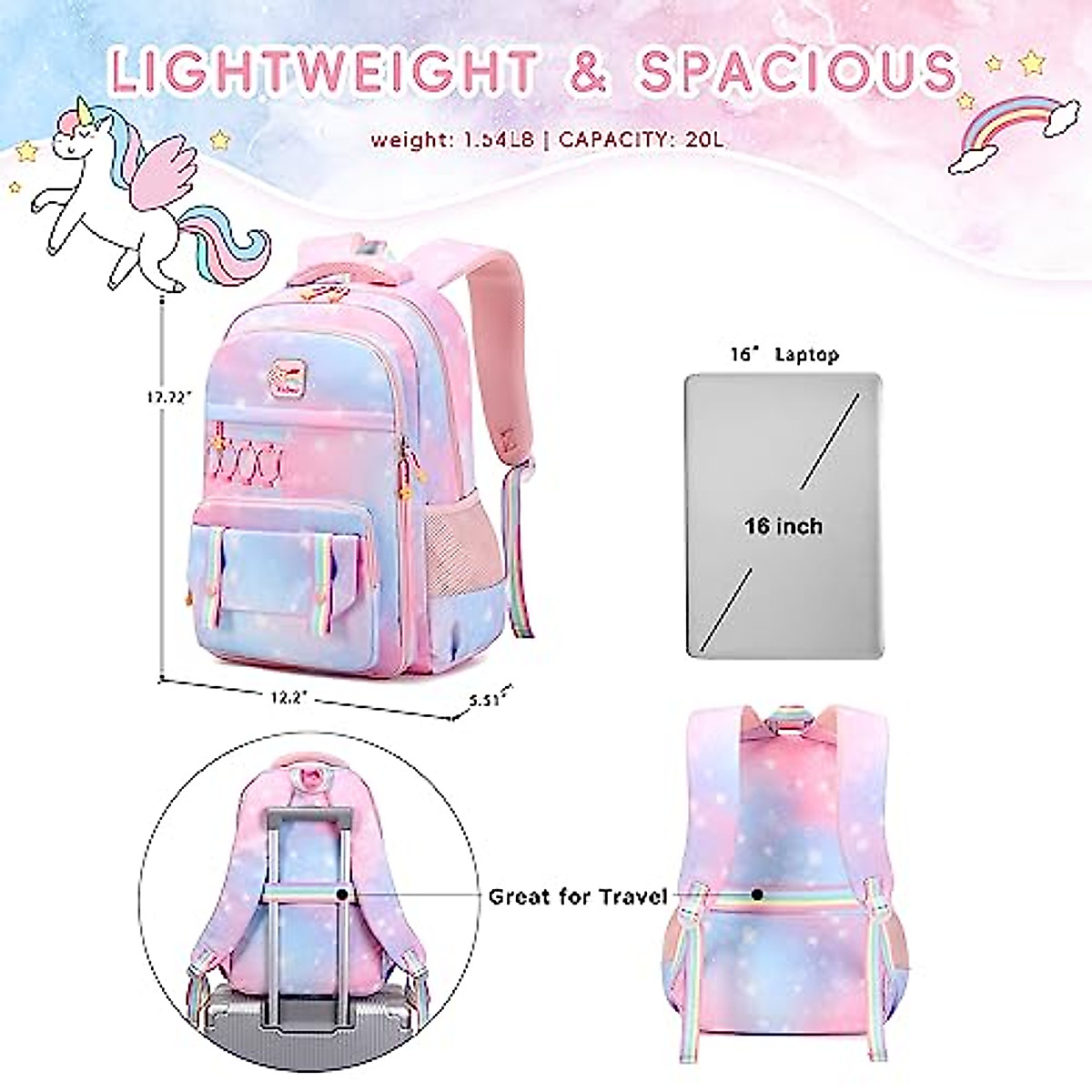 KIDNUO Girls Backpack 15.6 Inch Laptop School Bag Cute Kids Kindergarten Elementary Backpacks Middle Schoolbag Large Bookbags for Women Teens Students Anti Theft Travel Daypack (Pink)