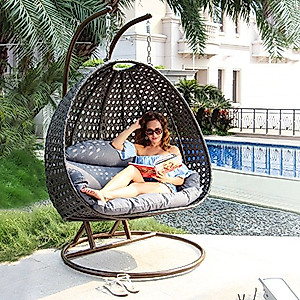 Island Gale® Luxury 2 Person Outdoor, Patio, Hanging Wicker Swing Chair 🎄🎄🎄🎄🎄🎄🎄🎄🎄🎄🎄🎄 ((2 Person) X-Large-Plus, Charcoal Rattan/Charcoal Cushion with Free Cover $128 Value)