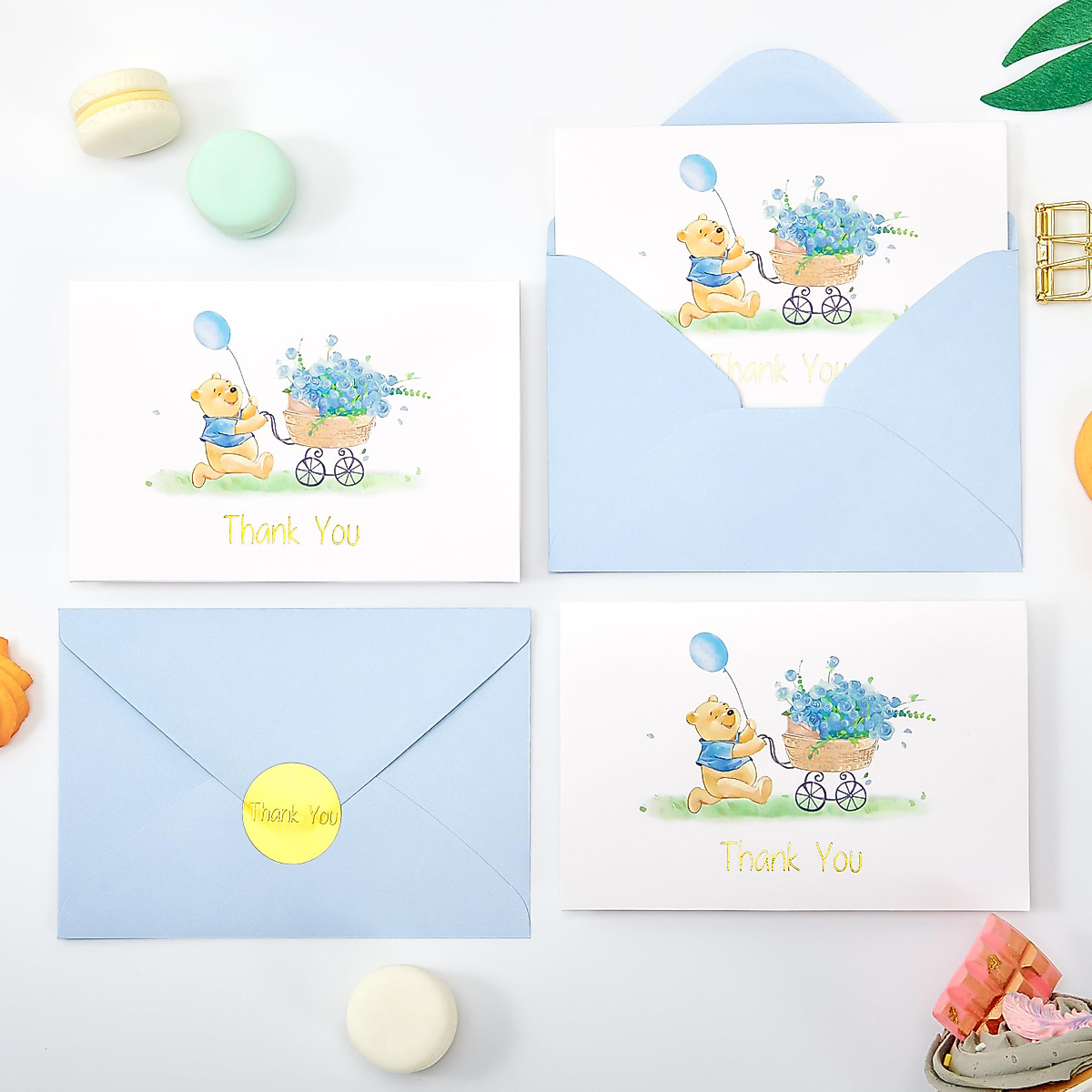 Crisky Baby Shower Blue Gold Foil Thank You Cards with Envelopes 50 Pack Greeting Notes Bulk (Cute Bear with Baby Carriage)