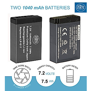 BM Premium LP-E17 Battery and Charger for Canon Rebel EOS R8, EOS R10, EOS R50, EOS R100, EOS RP, EOS M3, EOS M5, EOS M6, EOS M6 II, SL2, SL3, T6i, T6s, T7i, T8i, EOS 750D, EOS 760D, EOS 8000D