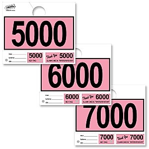 3000 Automotive 3 Part Service Dispatch Numbers Mirror Hang Tags Numbered 5000, 6000, 7000 RL78 Style Color Coded Pink Service Dispatch Numbers with 1.25” Slotted Hang Tag Cutout