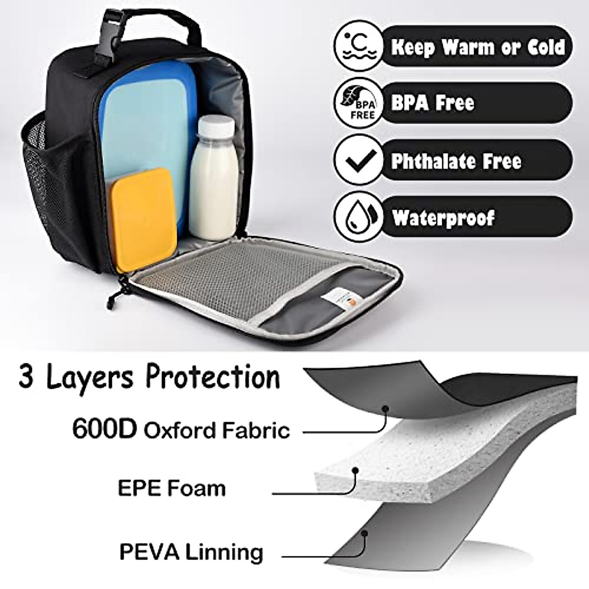 CaCTOUR Lunch Box Kids,Premium Insulated Lunch Bag for Girls Boys,Soft Bag Mini Cooler Back to School Thermal Reusable Lunch Bag for Work School Picnic (Black)