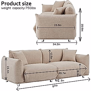 Hison Lambswool 3 Seat Cushion Couch 87'' Comfy Couch for Living Room deep seat Sofa with 2 Pillows (Camel)