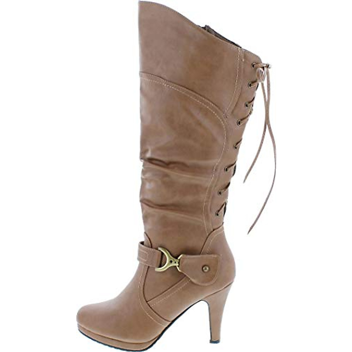 TOP Moda Womens Page-65 Knee High Round Toe Lace-Up Slouched High Heel Boots,Taupe,8.5