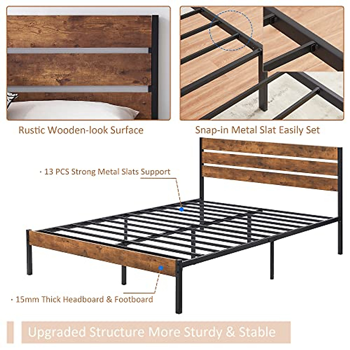 VECELO Platform Full Bed Frame with Rustic Vintage Wood Headboard and Footboard, Mattress Foundation, Strong Metal Slats Support, No Box Spring Needed