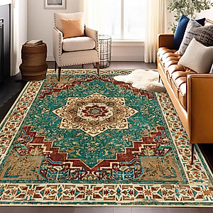 Arenarug Washable Area Rug 8x10 Boho Rug for Living Room Bedroom Non Slip Soft Teal Rust Vintage Rug Oriental Distressed Large Accent Rug Floral Medallion Floor Carpet for Office Dining Room Indoor