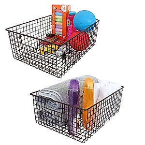 Kitchen Basics 101 Large Farmhouse Metal Wire Storage Basket Bins with Handles 16" x 12" x 6" Closets, Shelves, Cabinets, Bathrooms (Bronze, 2)