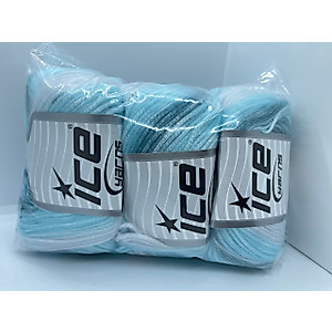Ice Yarns Picasso 3 Pack - Sea Foam - Pale Aqua, Blues, White Fuzzy with Subtle Sheen Worsted Weight, 3x125 Yards (3x115meters) 3x1.76 Ounces (3x50 Grams)