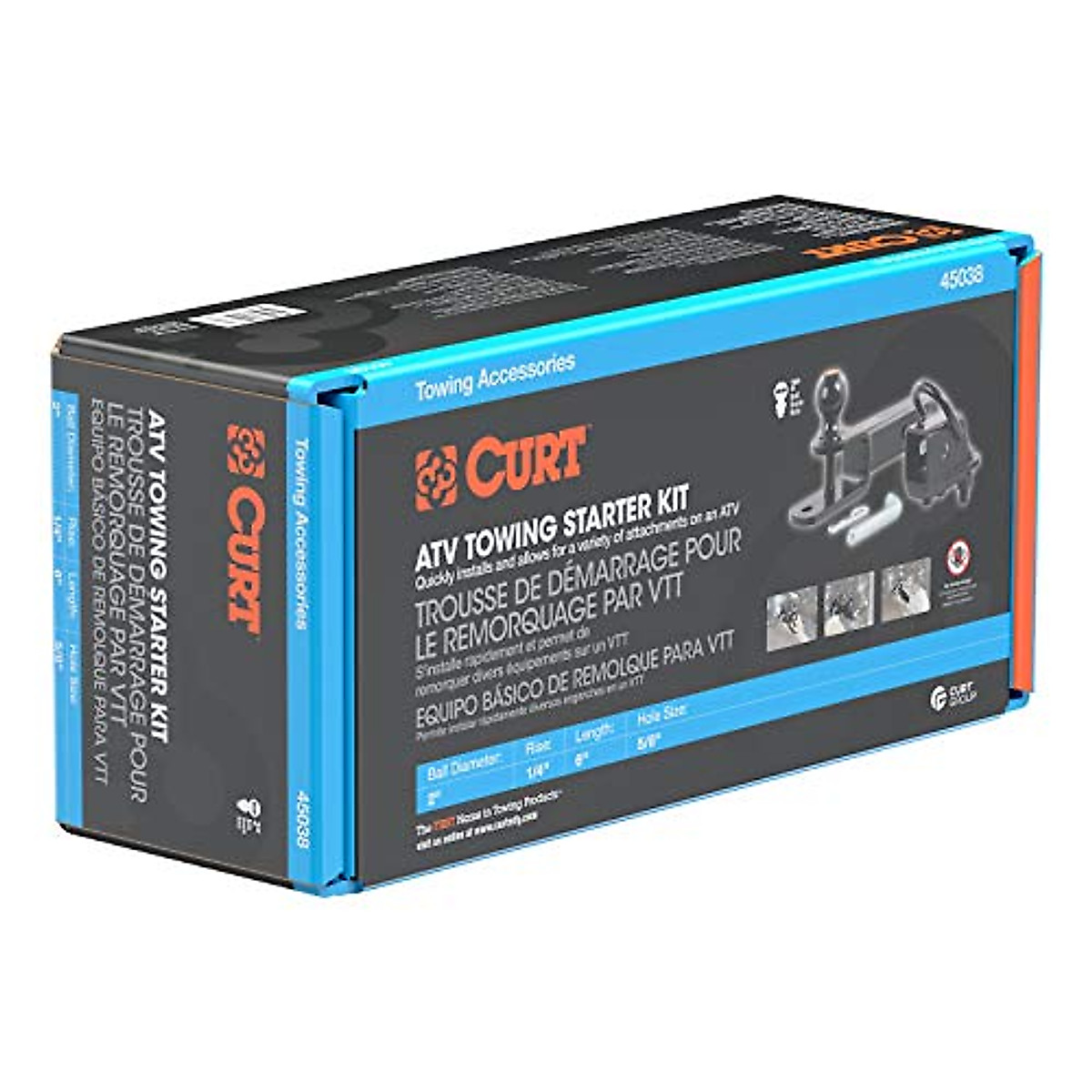 CURT 45038 3-in-1 UTV, ATV Trailer Hitch Mount with 2-Inch Receiver Adapter, 2-Inch Ball, Clevis Pin, 5/8-Inch Hole, Gloss Black Powder Coat