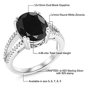 Gem Stone King 4.88 Cttw Black Sapphire Ring For Women In 925 Sterling Silver | Oval 12X10MM | Gemstone September Birthstone | Available In Size 5, 6, 7, 8, 9