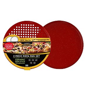casaWare 2pc Ultimate Pizza Pan Set, (1) Ceramic Coated NonStick 12-inch Pizza Pan, (1) 12-inch Ceramic Coated NonStick Perforated Pizza Pan (Red Granite)