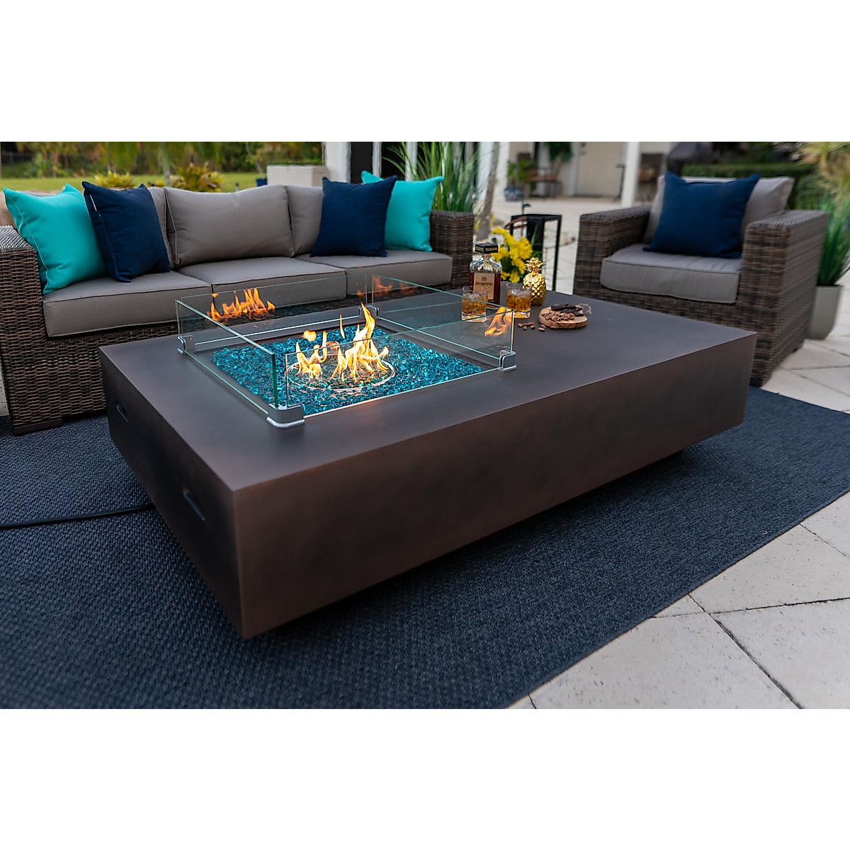 65" Rectangular Concrete Gas Fire Pit Table with Glass Guard and Fire Glass (Espresso Brown)