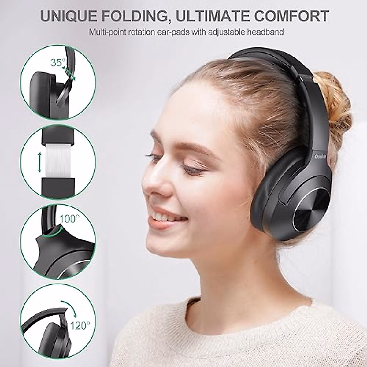 Qaekie Active Noise Cancelling Headphones - 100H Playtime Wireless Over Ear Bluetooth Headphones Deep Bass, Noise Canceling Wireless Headphones with Mic, HiFi Audio for Adults Travel/Home/Office