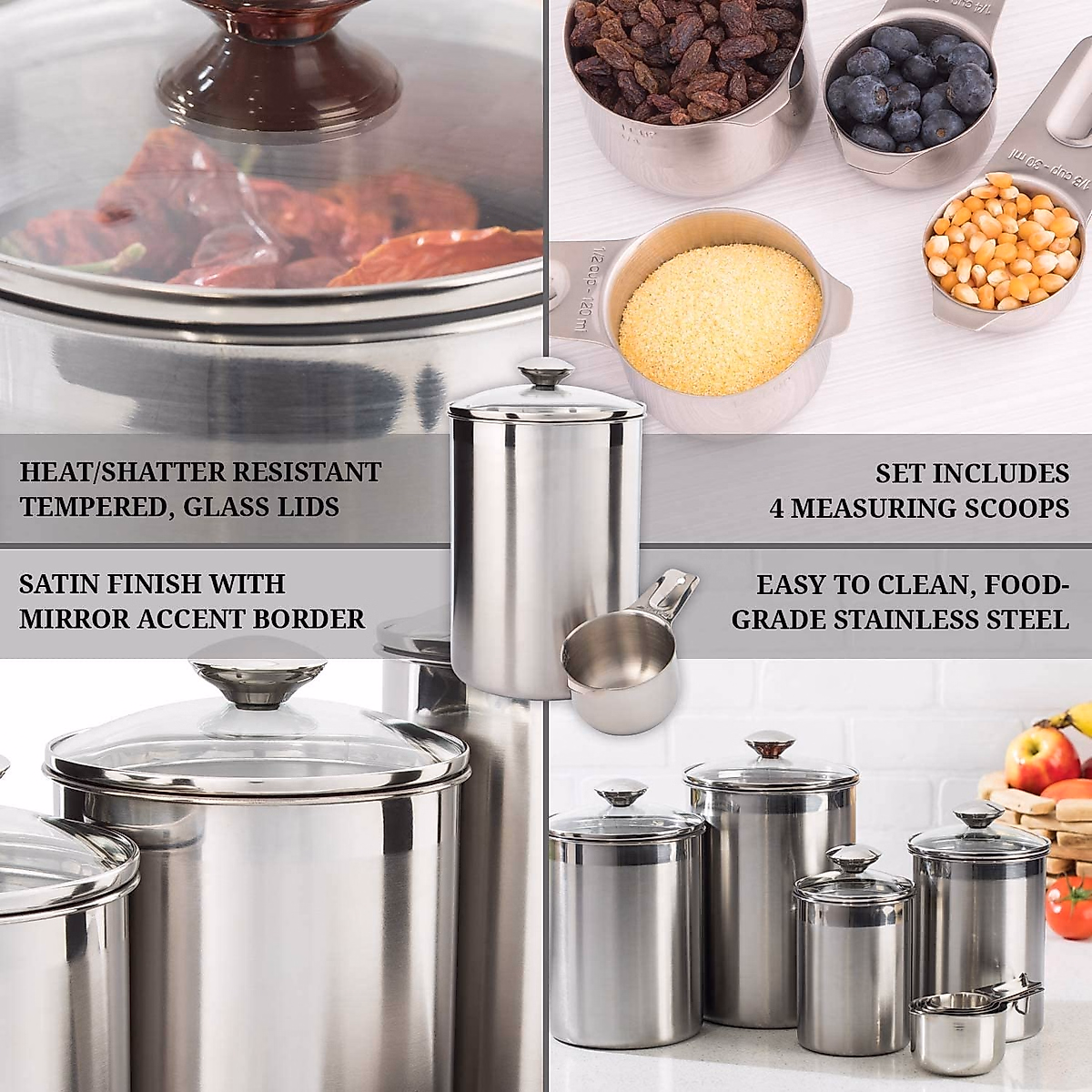 Kitchen Canister Set - Airtight Stainless Steel Canisters with Glass Lids - Clear See-Thru Top - Containers Set for Kitchen - Ideal for Food, Flour, Sugar, Coffee, Tea & Pantry Storage (8 Piece Large)