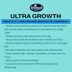 Difeel Mens Ultra Growth 2-in-1 Shampoo and Conditioner 12 oz. - Sulfate Free Shampoo & Conditioner for Men