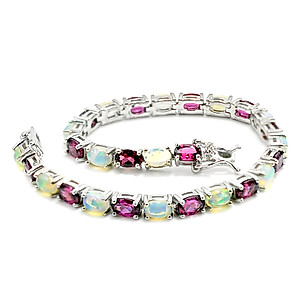 6X4 MM Oval Cut Natural Red Rhodolite Garnet Ethiopian Opal Gemstone 925 Sterling Silver January Birthstone Women Jewelry Tennis Bracelet Wedding Gift For Bridal Gift Christmas Gift For Girlfriend Gift (Rhodium Plated Silver, 6.5 Inches)